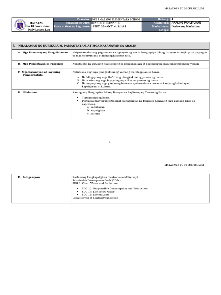 DLL Matatag - Araling Panlipunan 4 Q2 W1 | PDF