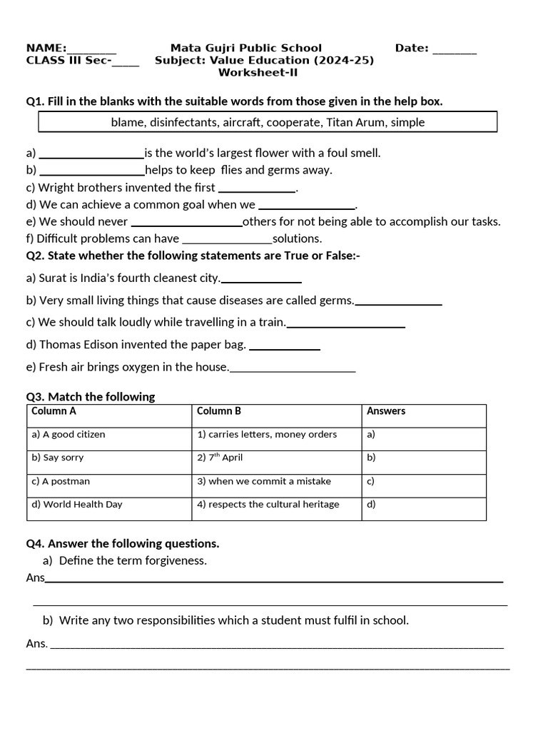 Class 3 Value Education Worksheet Ii | PDF