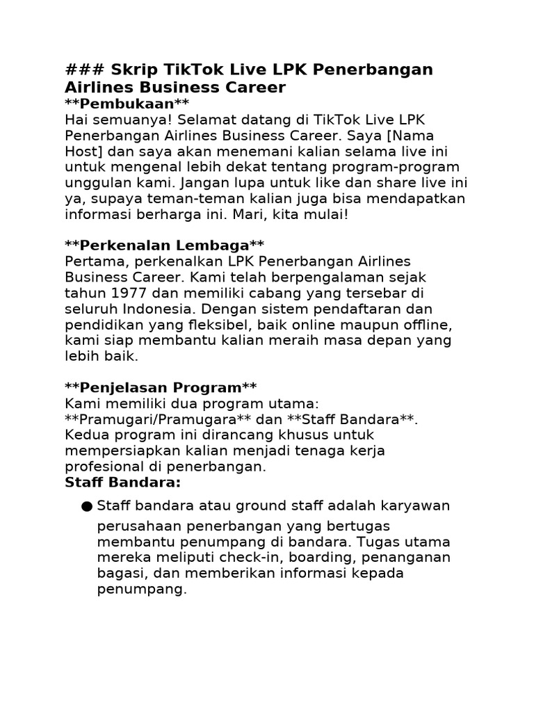 Skrip TikTok Live LPK Penerbangan - Update 13 July 2024 | PDF