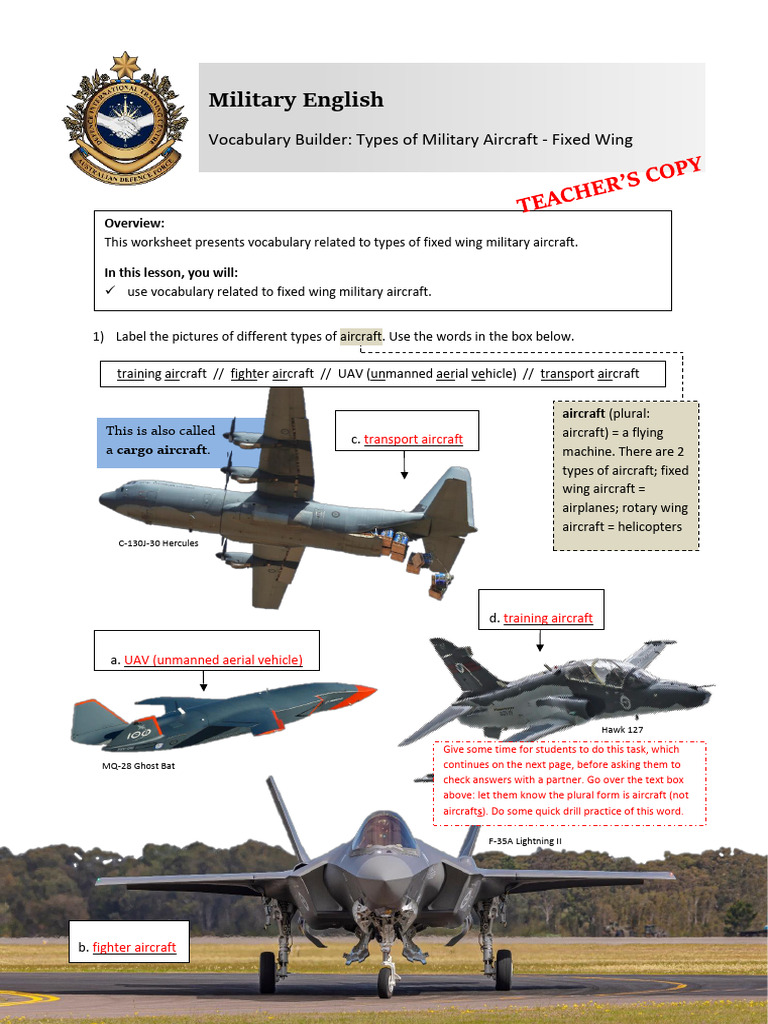 MilEng - VB - Types of Military Aircraft (Fixed Wing) - Teacher's | PDF ...