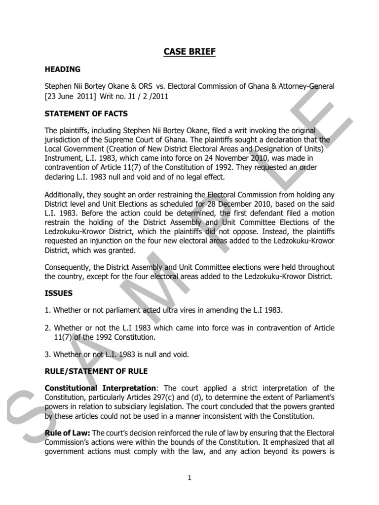 CASE BRIEF (SAMPLE) OKANE & ORS vs EC & A-G (1) | PDF | Constitution ...