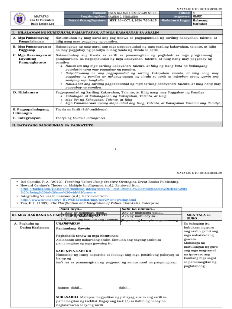 DLL Matatag - GMRC 4 Q2W1 | PDF