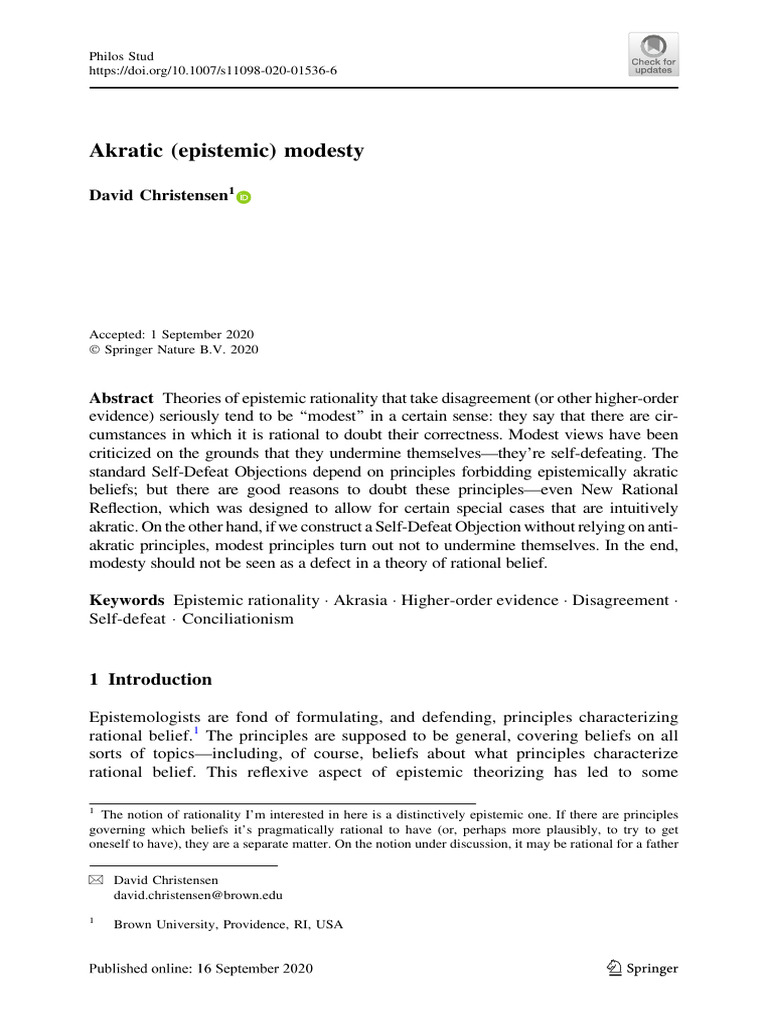 Akratic (Epistemic) Modesty. David Christensen | PDF | Rationality ...