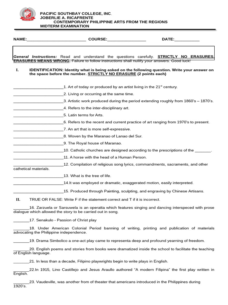Philippine Arts Midterm Exam Guide | PDF | Philippines