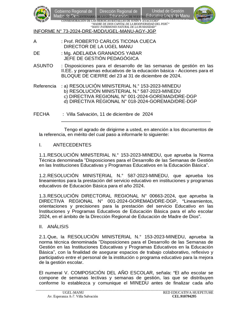 Informe #73-Precisiones Semana de Gestión - Jagp-2024 | PDF | Plan de ...