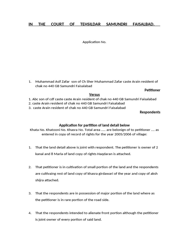 Muhammad Asif Zafar Tehsildar Application For Partion | PDF | Affidavit | Civil Law (Common Law)