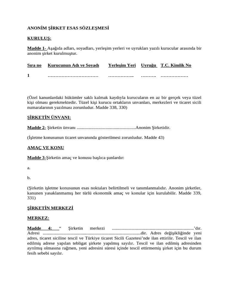 Anonim Sirket Ana Sozlesme | PDF