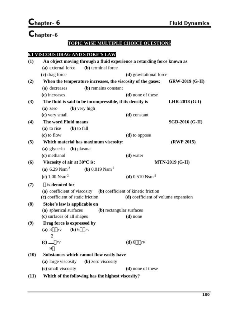 Chapter-6 (mcq) | PDF | Viscosity | Drag (Physics)