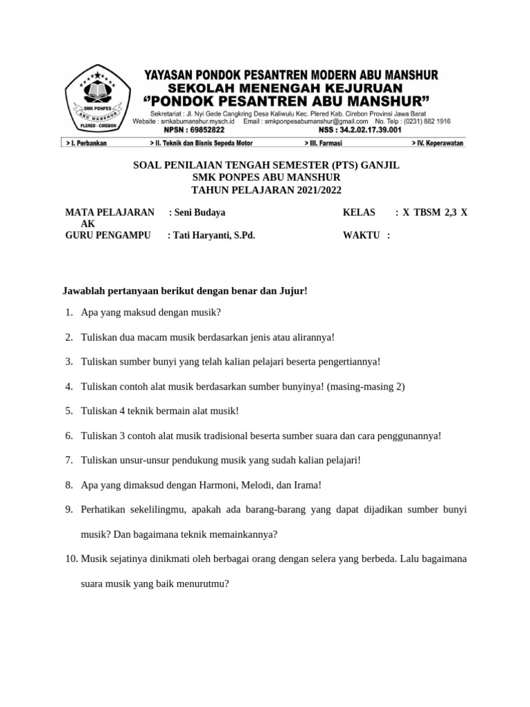 PTS GANJIL Seni Kelas X TBSM 2,3, AK | PDF