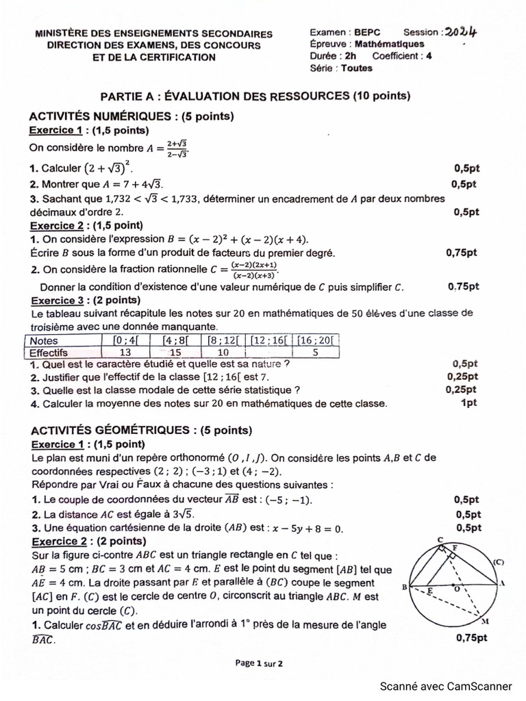Maths Bepc 2024 | PDF