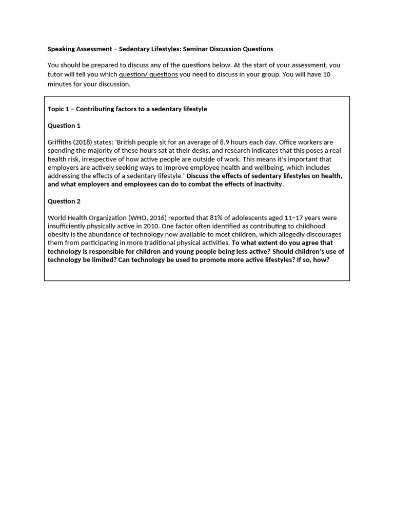 Seminar Discussion Qs HL1 - Sedentary Lifestyles FORMAT A | PDF