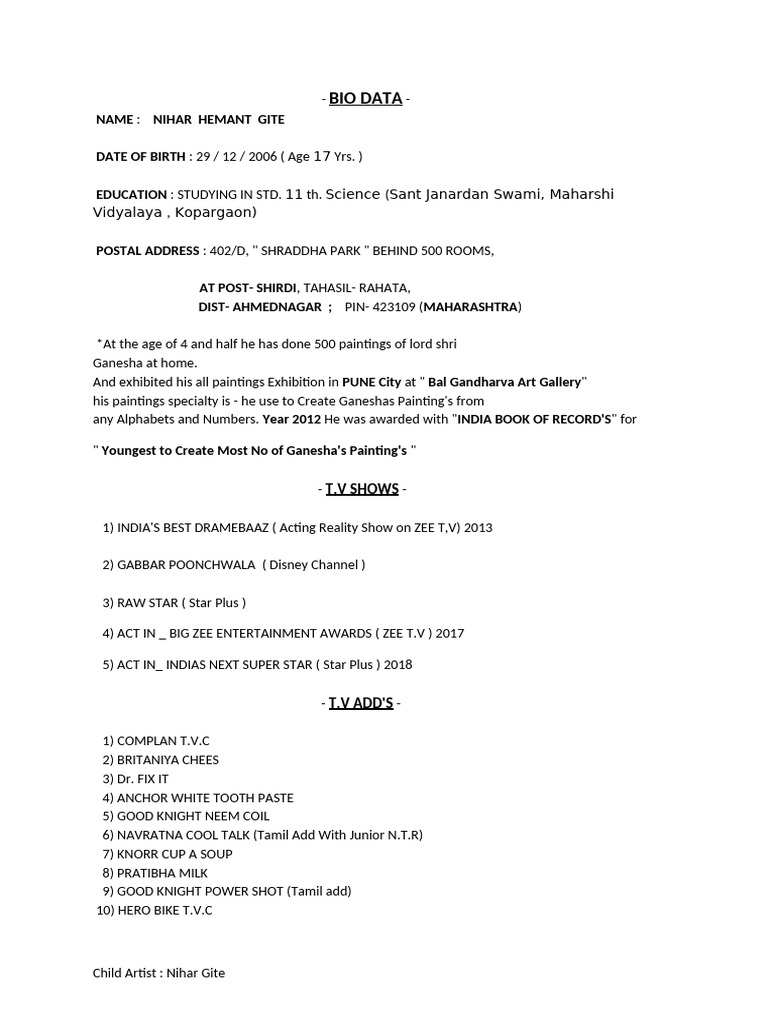 Bio Data Nihar Gite Old | PDF | Television Network | Television