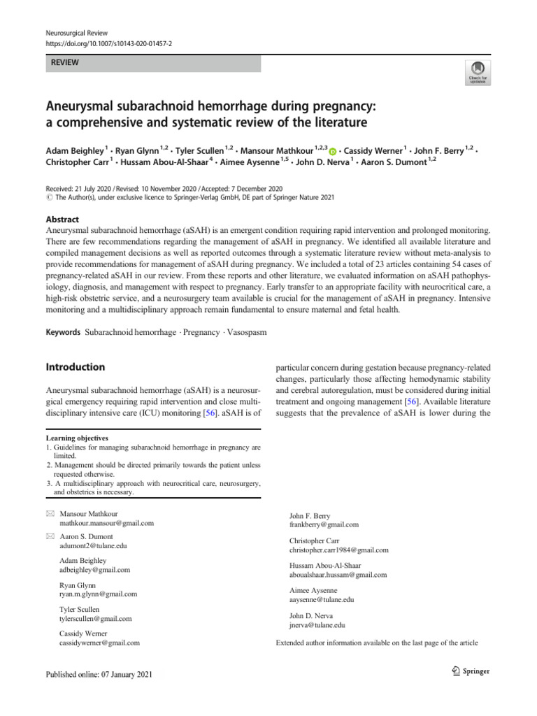 Aneurysmal subarachnoid hemorrhage during pregnancy- a comprehensive and systematic review of ...