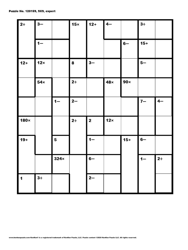 Expert 9x9 KenKen Puzzle No. 120159 | PDF