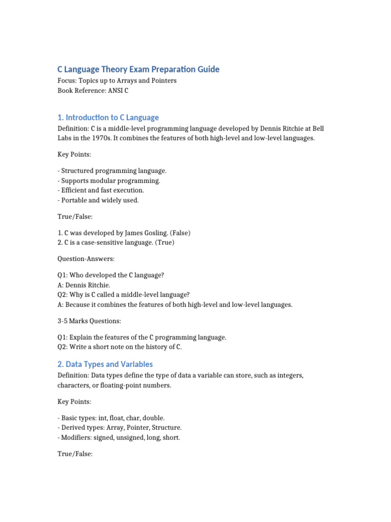 C Language Theory Exam Updated Pdf Pointer Computer Programming Control Flow