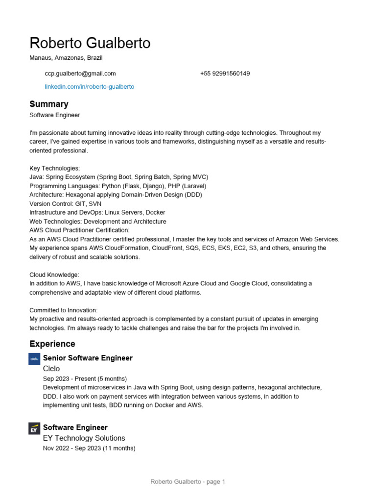 Resume-Roberto-Gualberto-EN | PDF | Amazon Web Services | Cloud Computing