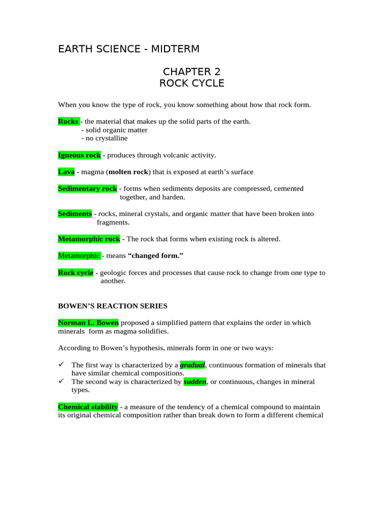 EARTH SCIENCE MIDTERM | PDF | Rock (Geology) | Sedimentary Rock