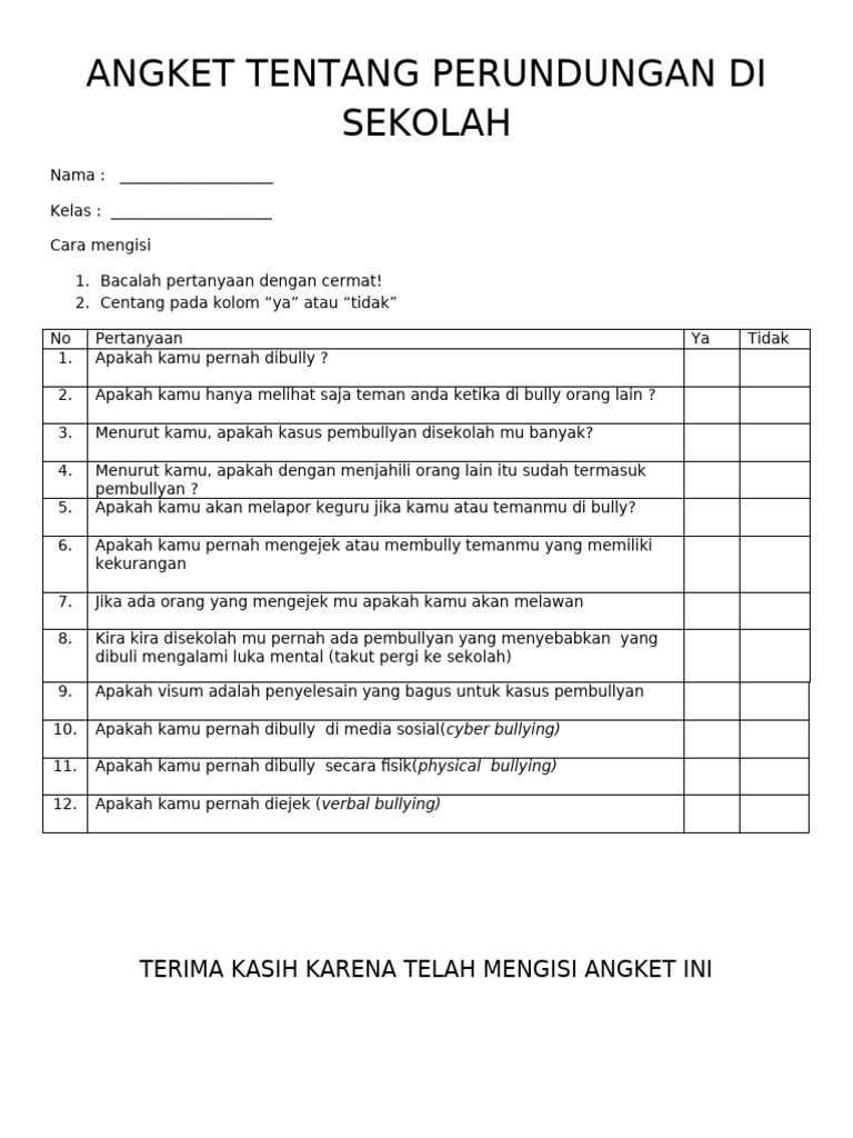 Angket Tentang Perundungan Di Sekolah | PDF