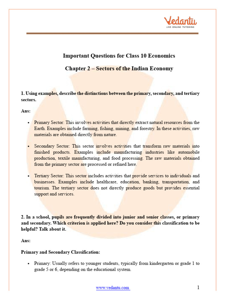 Important Questions of Economics Class 10 Chapter 2 Sectors of The ...