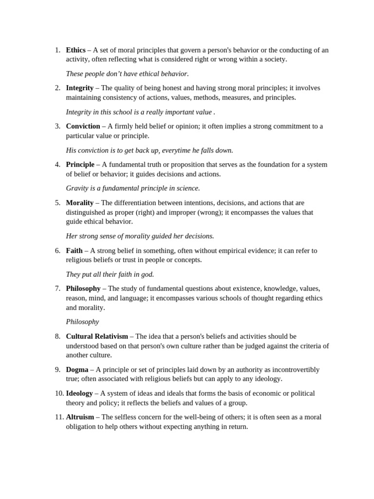 Vocabulary On Values and Beliefs | PDF | Morality | Faith