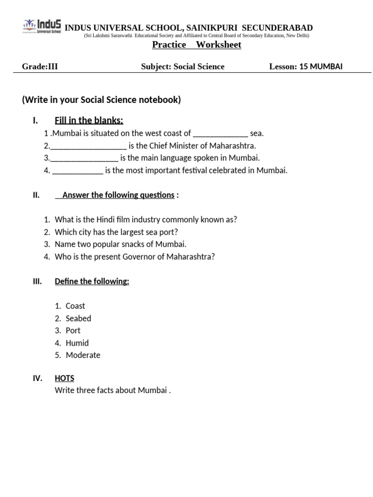 Mumbai Social Science Worksheet | PDF