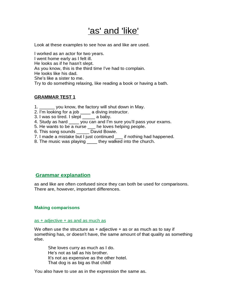 Grammar 1.1 As and Like | PDF | Adjective | Verb