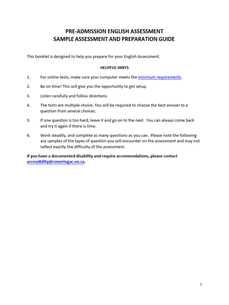 Pre Admission English Assessment Sample | PDF | Reading Comprehension