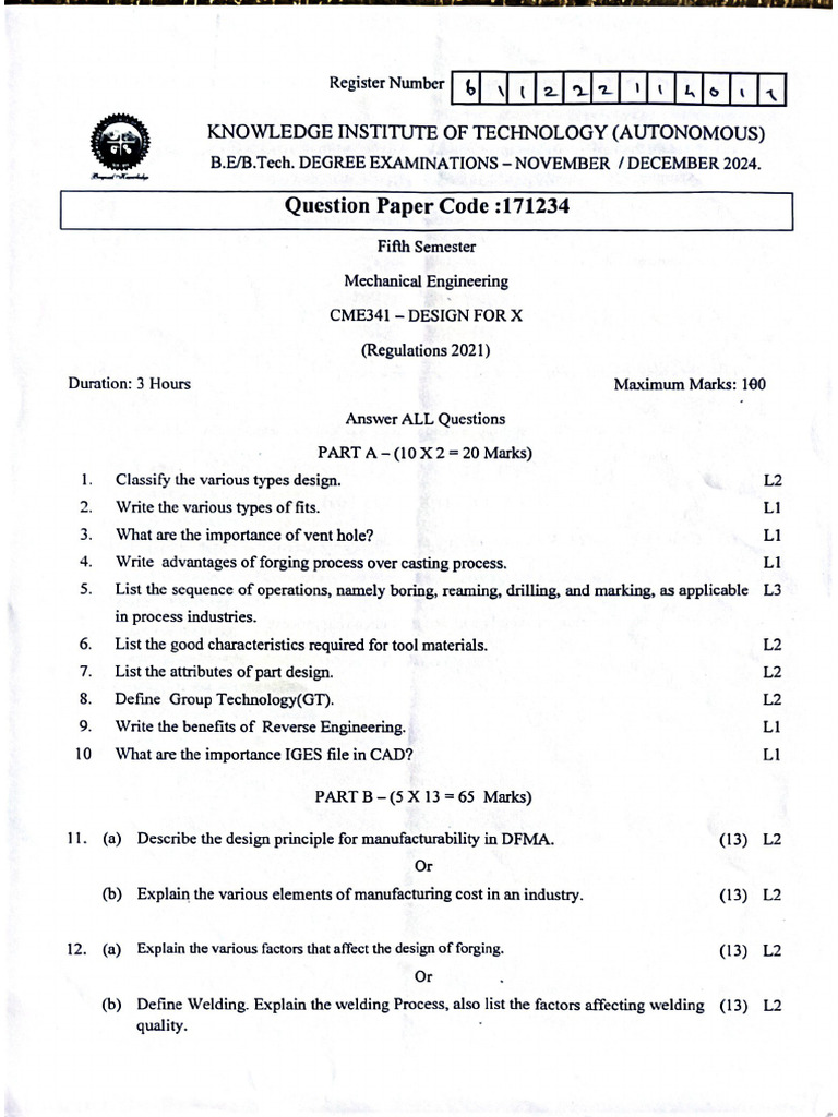 Design For X Sem-Question Paper | PDF
