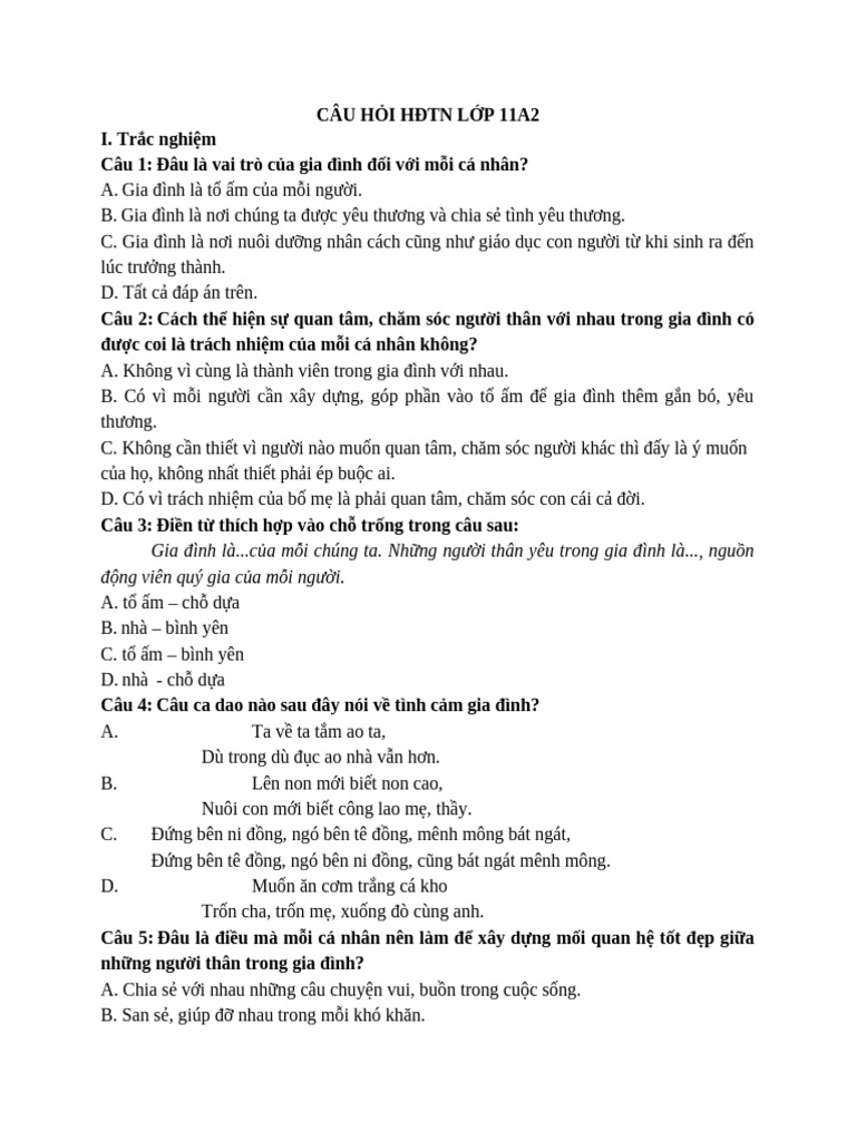 Câu Hỏi Hđtn Lớp 11a2 | PDF