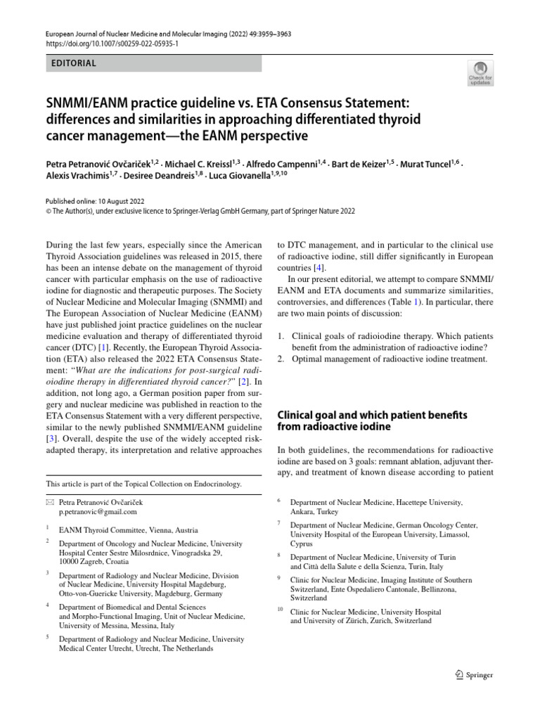 SNMMIEANM Practice Guideline vs. ETA Consensus Statement Differences ...