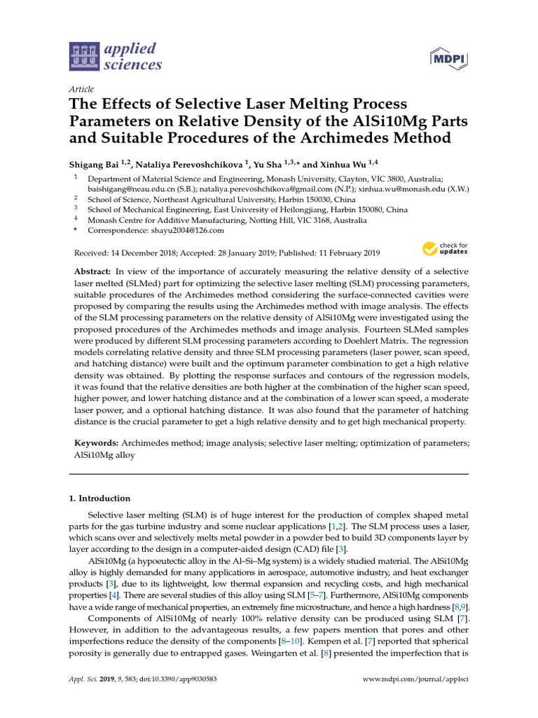 The Effects Of Selective Laser Melting Process Parameters On Relative Density Of The Alsi10mg