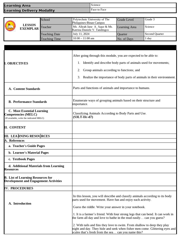 Aque&tandingco Science LESSON-EXEMPLAR-TEMPLATE-ELEMENTARY | PDF | Learning