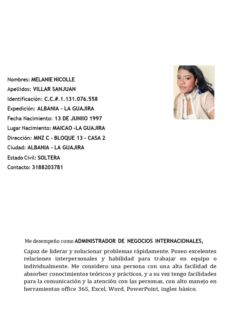 Hoja de Vida de Melanie Villar Sanjuan | PDF