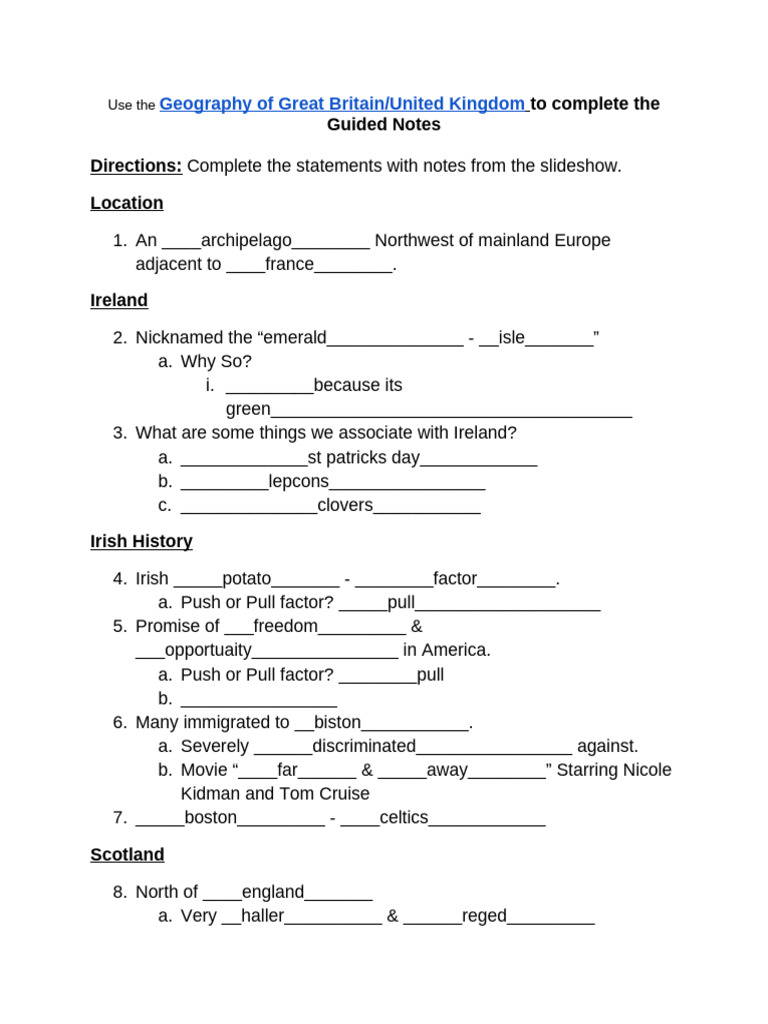Cultural Geography of United Kingdom - Great Britain Guided Notes | PDF ...