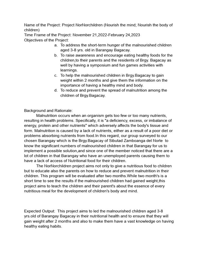 Project NorNor Project Proposal | PDF | Malnutrition | Nutrition