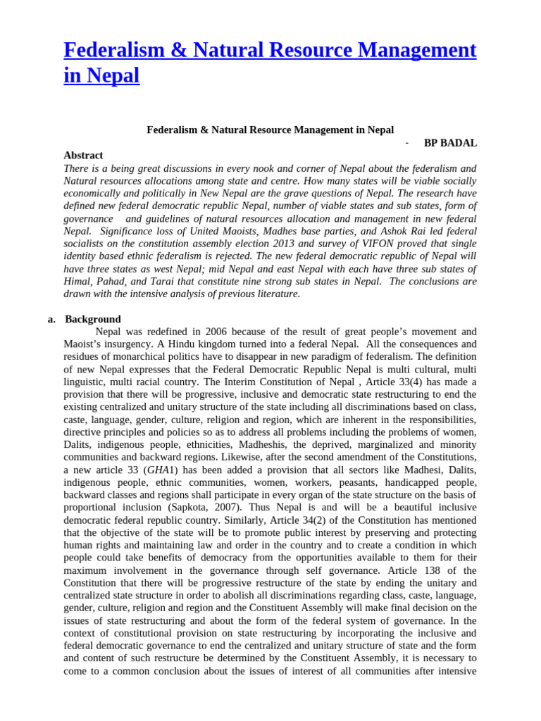 Federalism and Natural Resource Management in Nepal | PDF | Nepal
