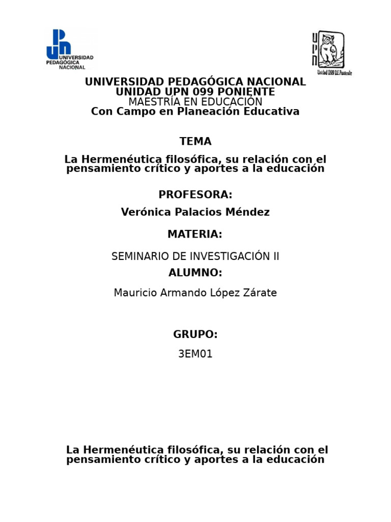 Trabajo Final Seminario de Investigación | PDF | Pensamiento | Hermenéutica