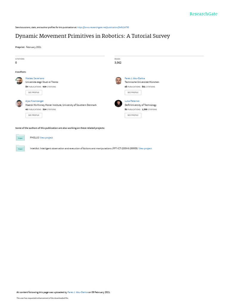 Dynamic Movement Primitives in Robotics: A Tutorial Survey | PDF | Robotics | Matrix (Mathematics)