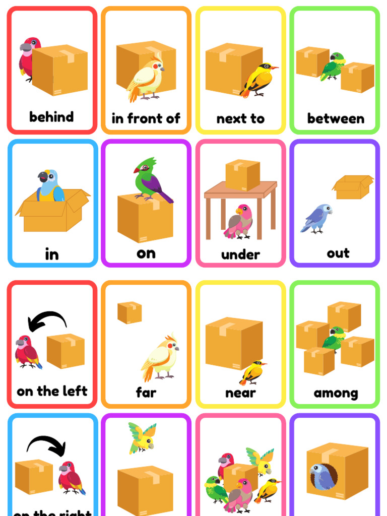 Colorful Birds Prepositions of Place Flashcards | PDF