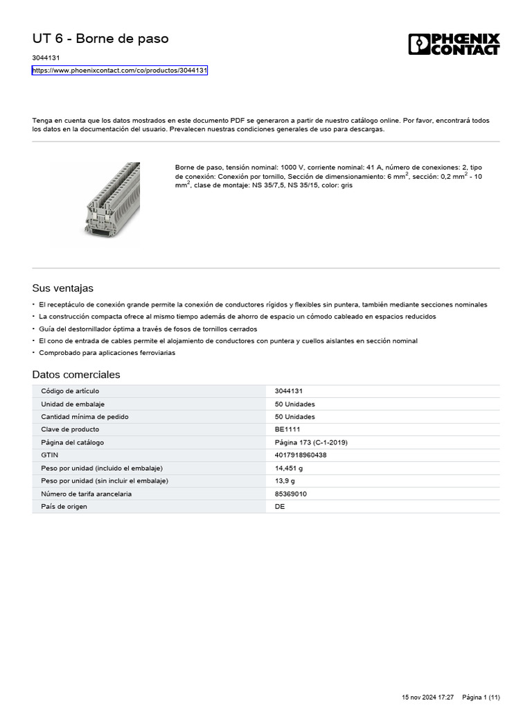 Borne de Paso UT 6: Especificaciones y Ventajas | PDF | Tornillo