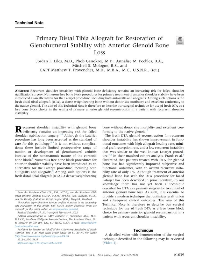 Primary Distal Tibia Allograft For Restoration of Glenohumeral ...