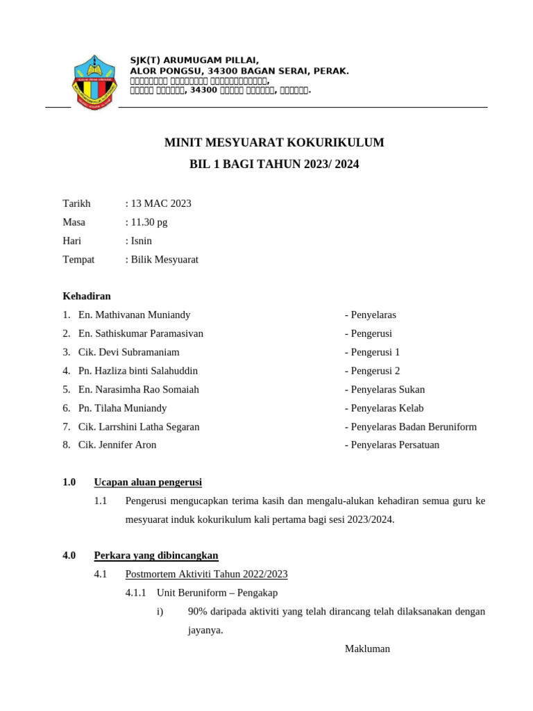 Minit Mesyuarat Kokurikulum Kali Pertama | PDF