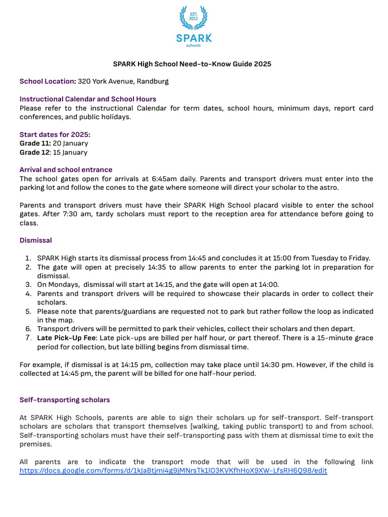 2025 SPARK HS Need To Know Guide SPARK Randburg High York | PDF ...