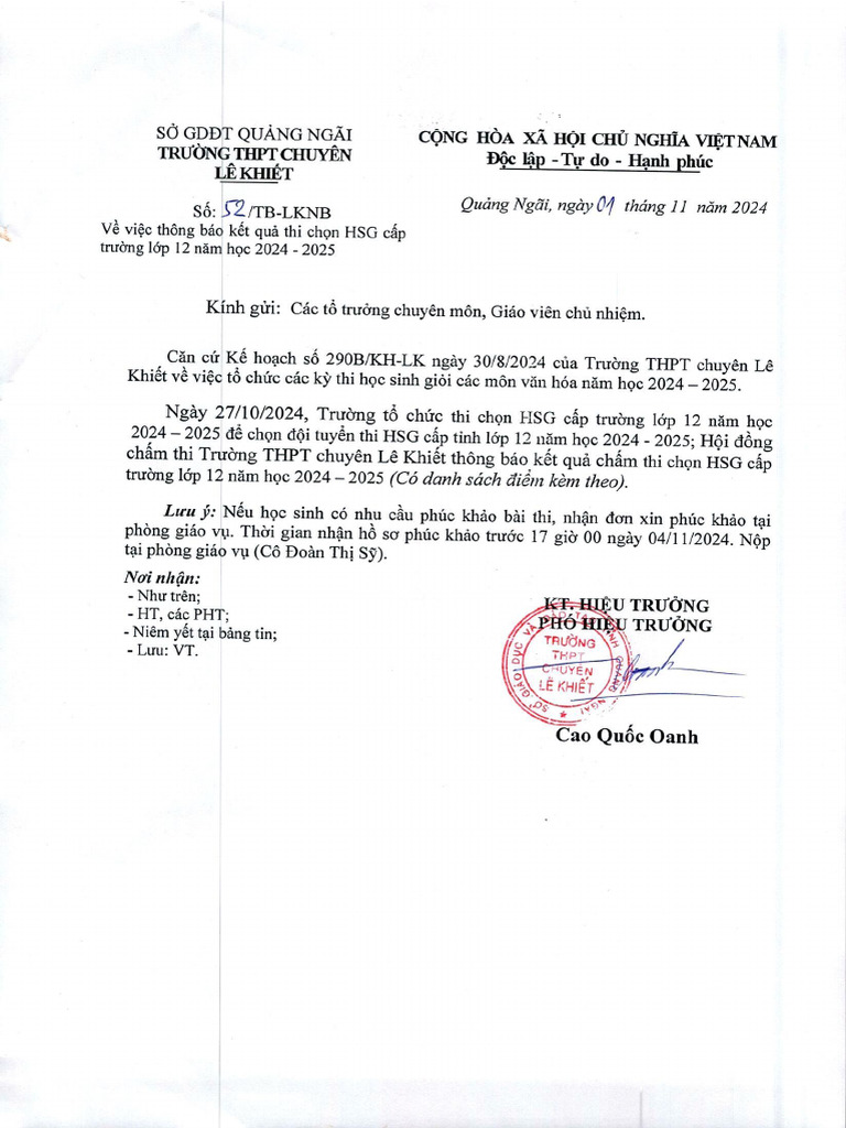 52 TB-LKNB Thông Báo Kết Quả Thi Chọn HSG Cấp Trường Lớp 12 Năm Học ...