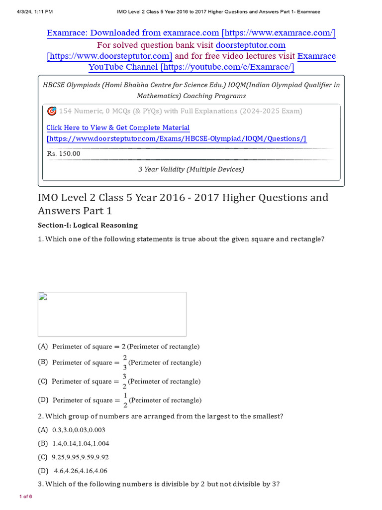 IMO Level 2 Class 5 2016-17 Q&A | PDF | Area | Mathematics