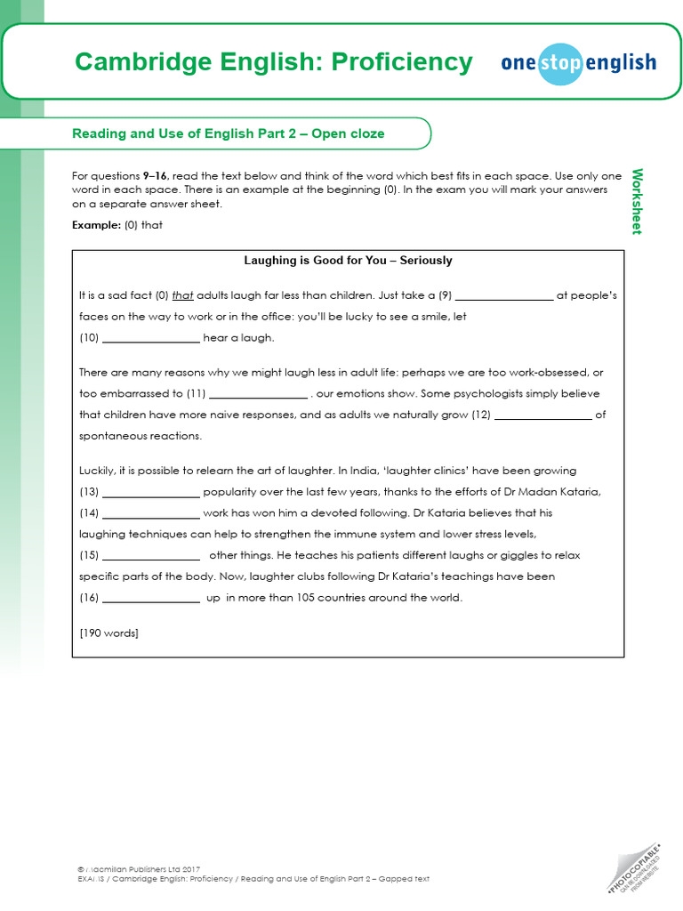 Cambridge English Proficiency Reading and Use of English Part 2 | PDF ...