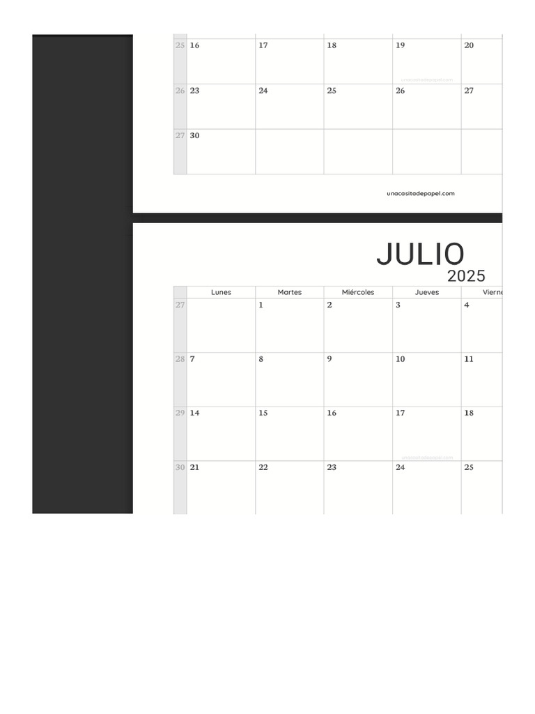 Calendario Julio 2025 en Unacasitadepapel | PDF