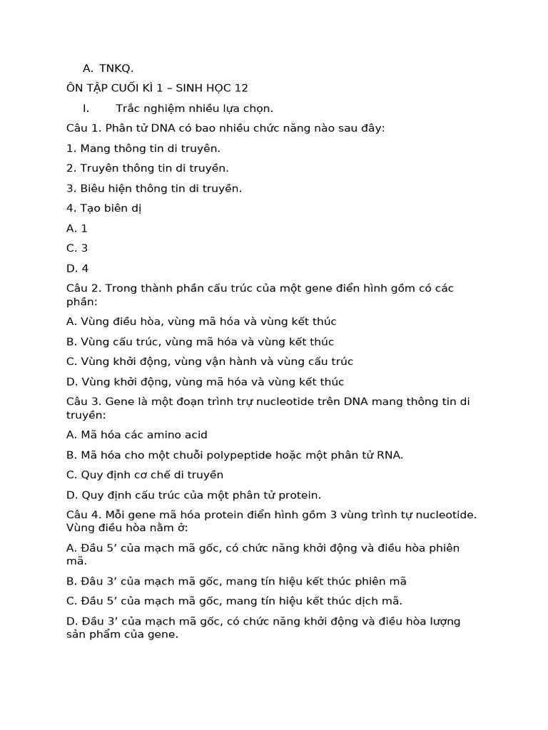 ÔN TẬP HK1 SINH HỌC | PDF