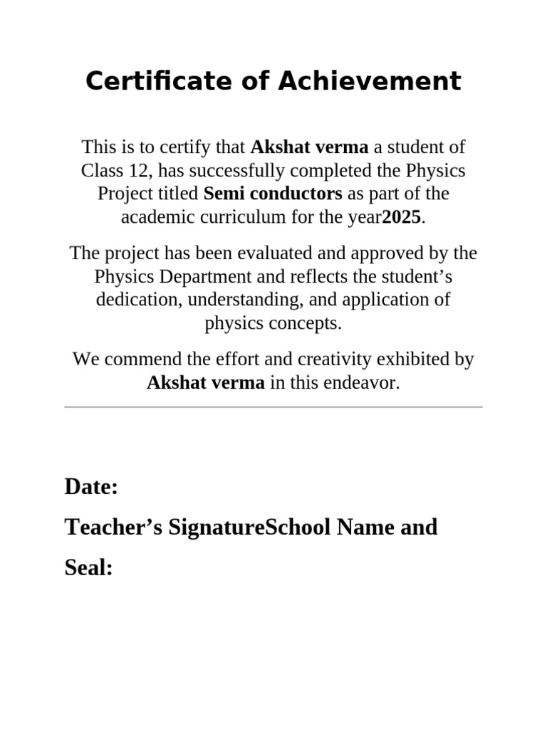Akshat Verma's Physics Project Certificate | PDF