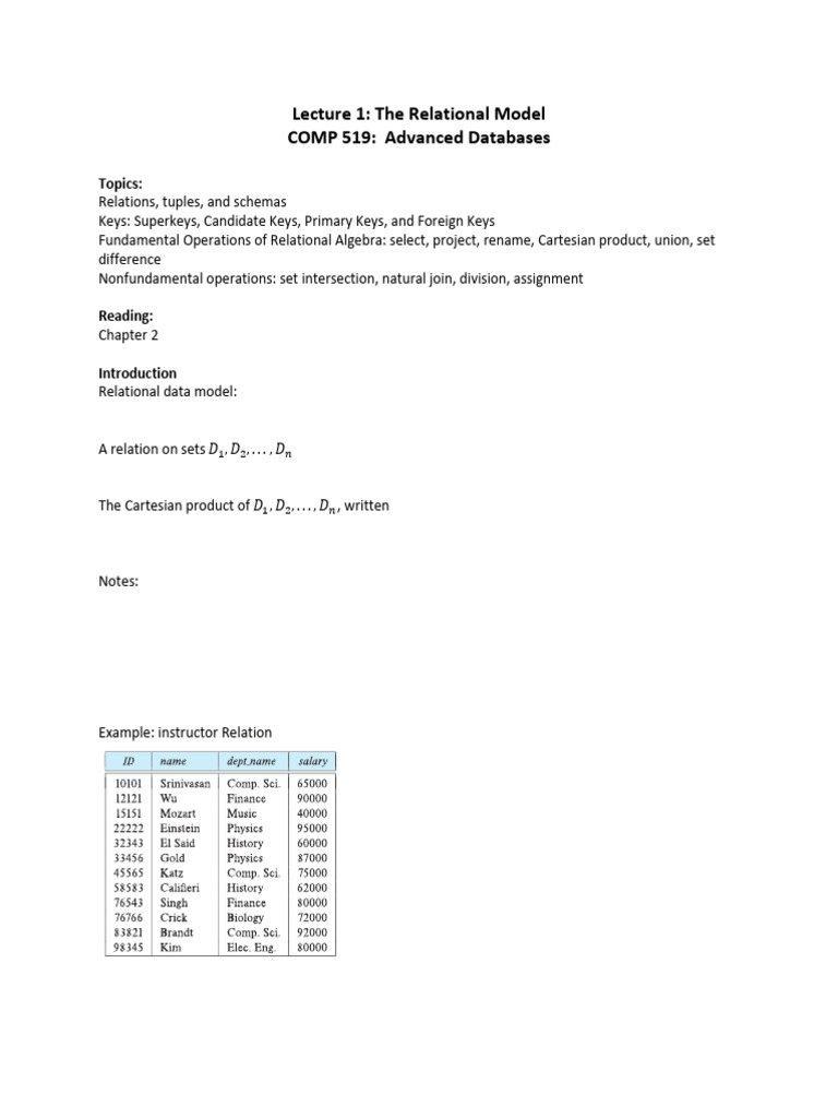 Lecture 1 - The Relational Model - template | PDF | Relational Model | Software Design